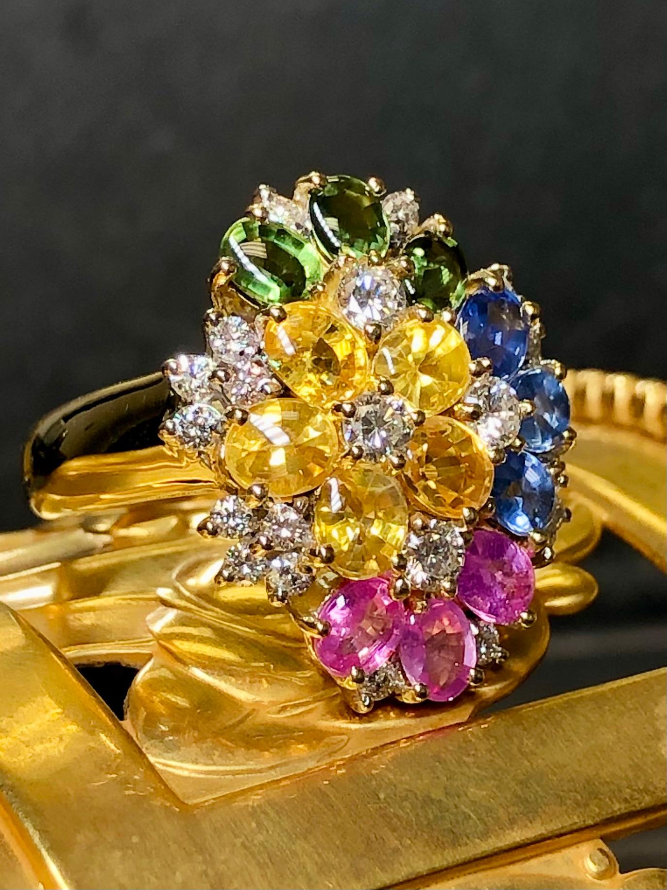 Estate 18K Multicolored Buff Top Sapphire Diamond Floral Cocktail Ring ...
