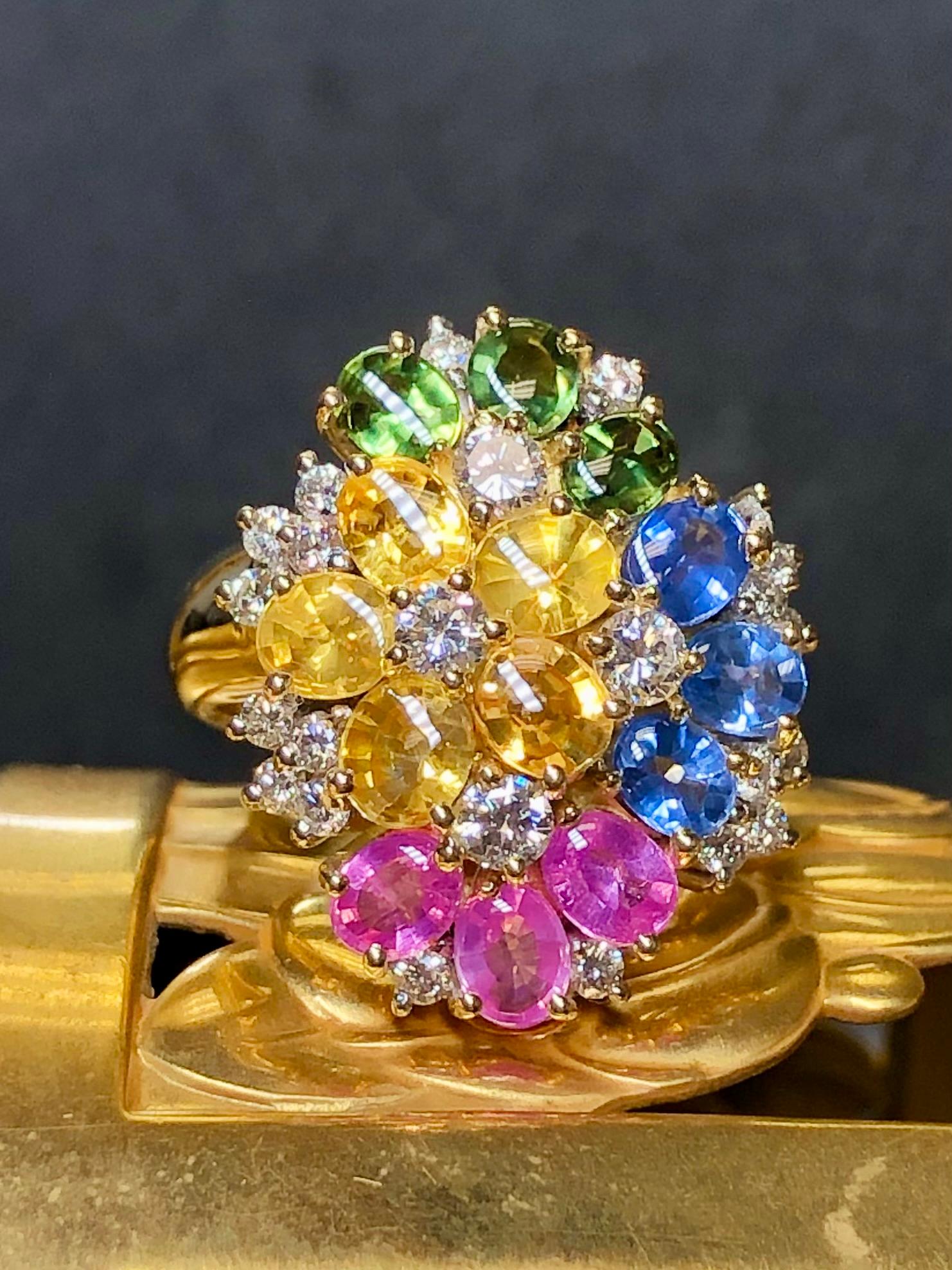 Estate 18K Multicolored Buff Top Sapphire Diamond Floral Cocktail Ring ...