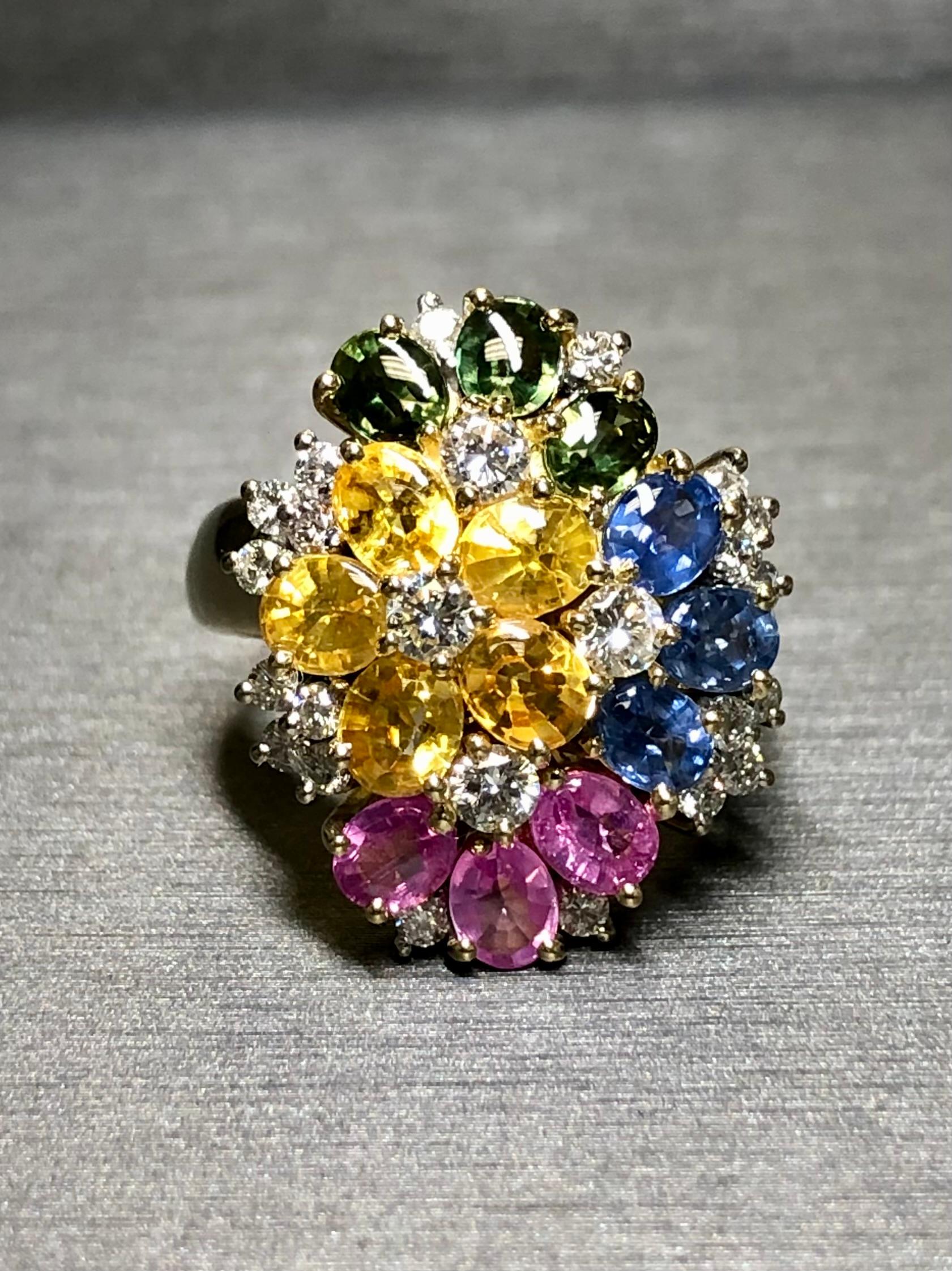Estate 18K Multicolored Buff Top Sapphire Diamond Floral Cocktail Ring ...