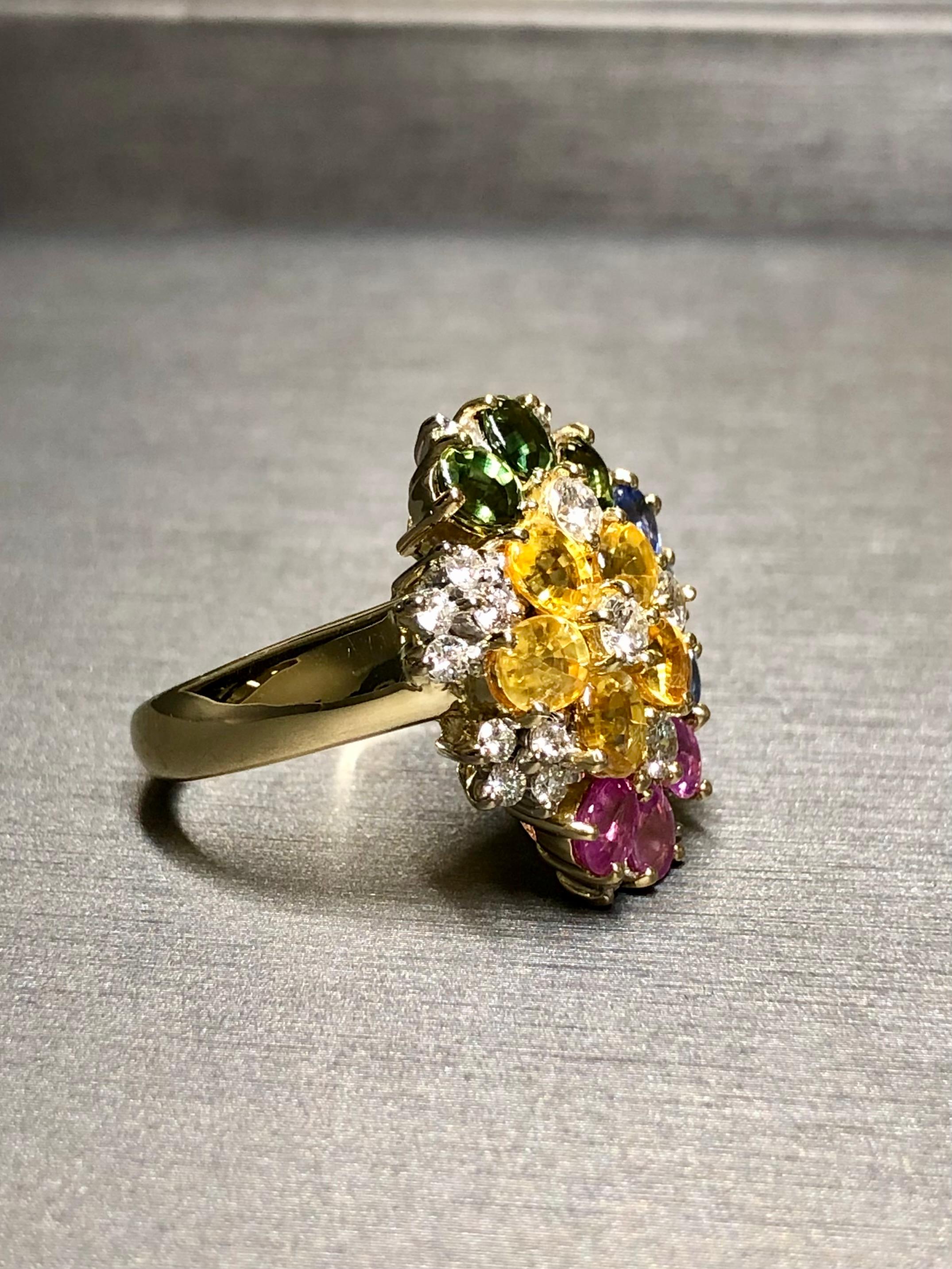 Estate 18K Multicolored Buff Top Sapphire Diamond Floral Cocktail Ring ...