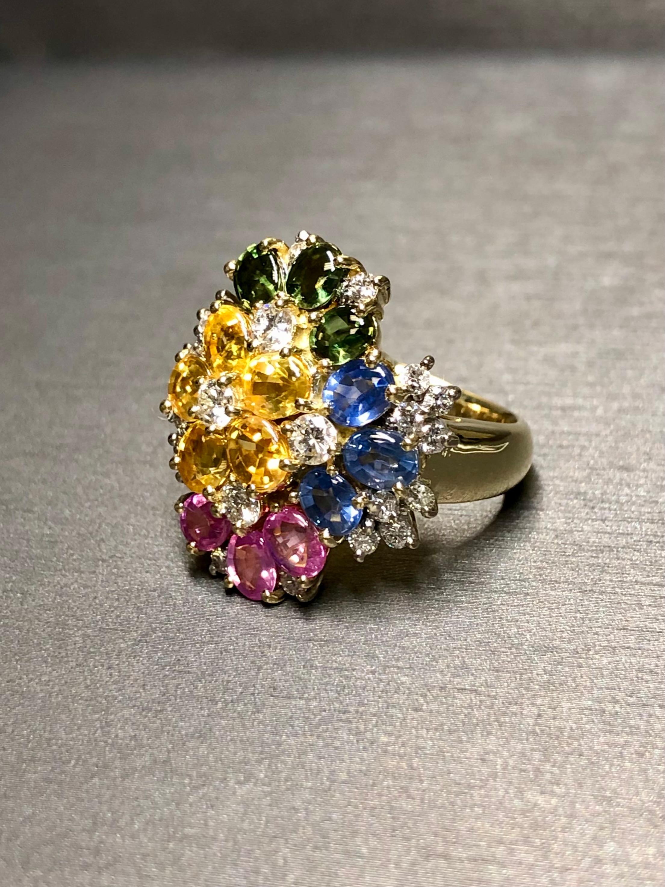 Estate 18K Multicolored Buff Top Sapphire Diamond Floral Cocktail Ring ...