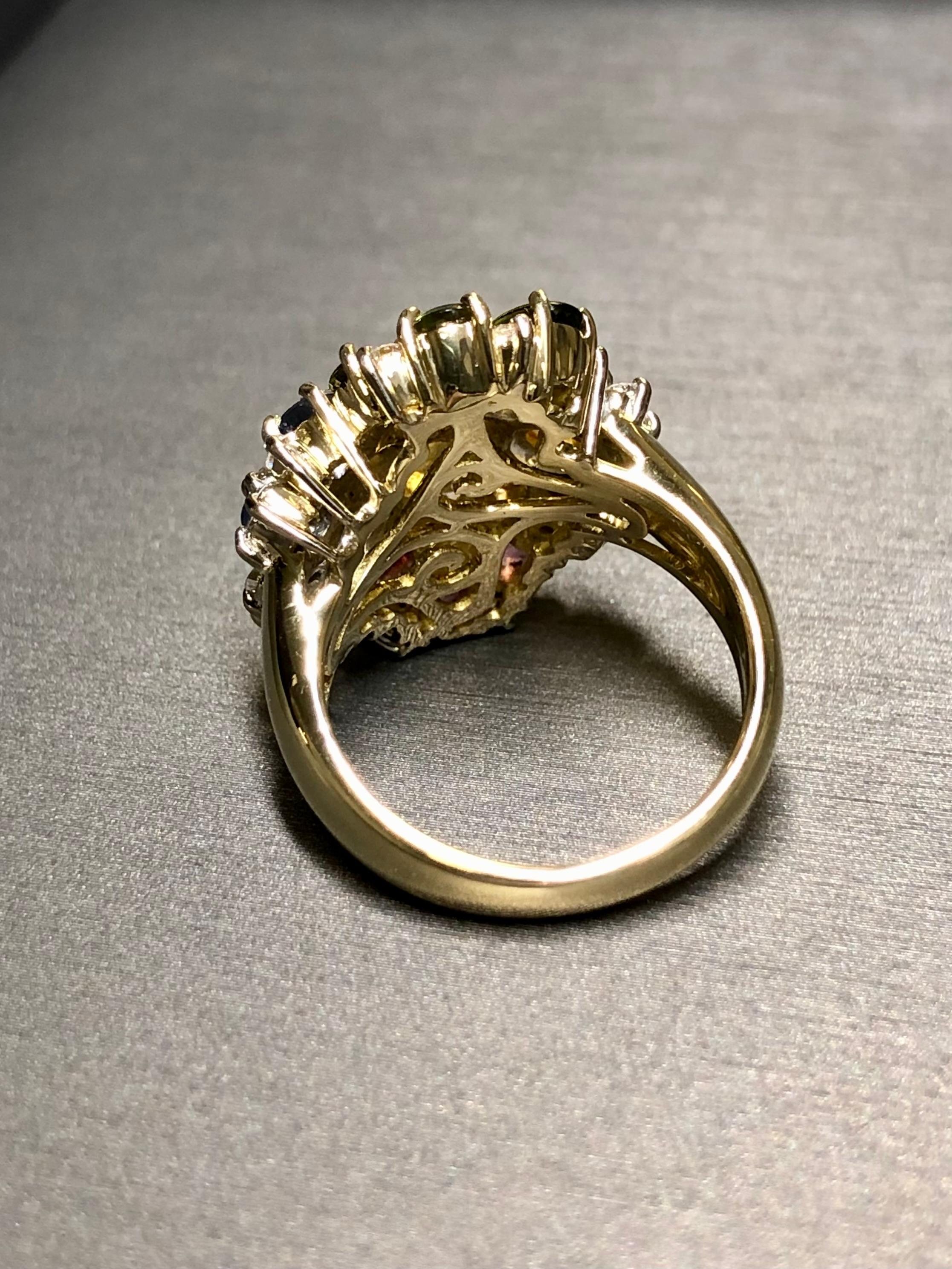 Estate 18K Multicolored Buff Top Sapphire Diamond Floral Cocktail Ring ...