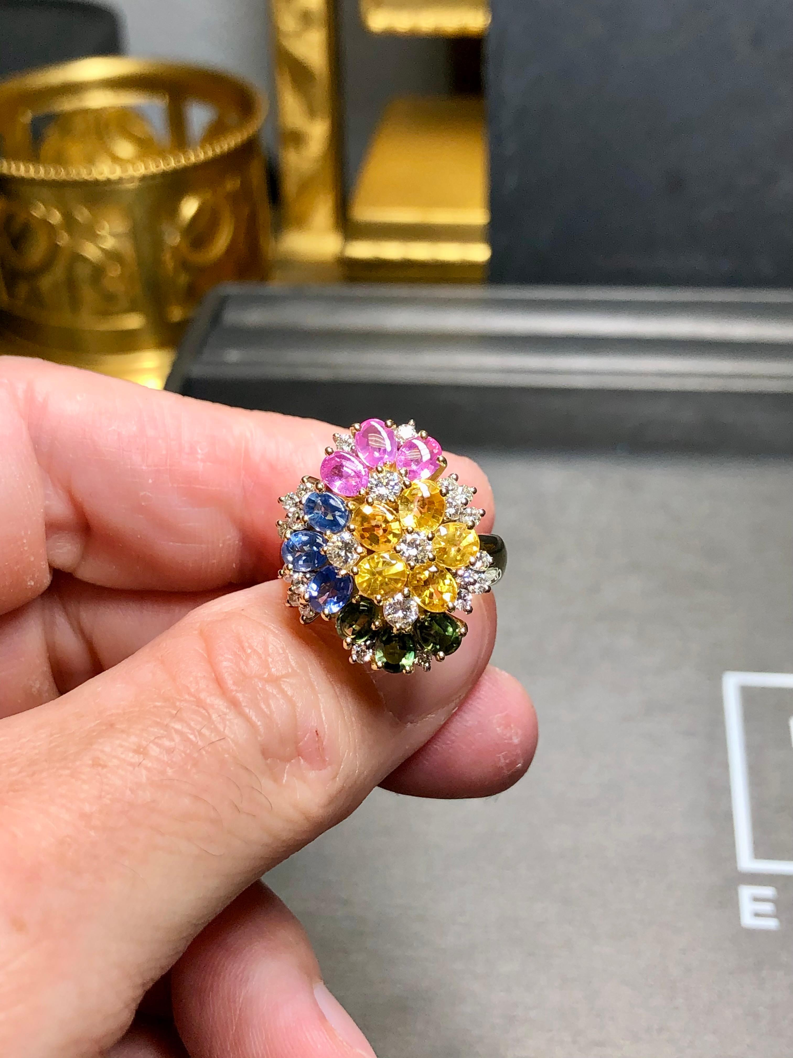 Estate 18K Multicolored Buff Top Sapphire Diamond Floral Cocktail Ring ...