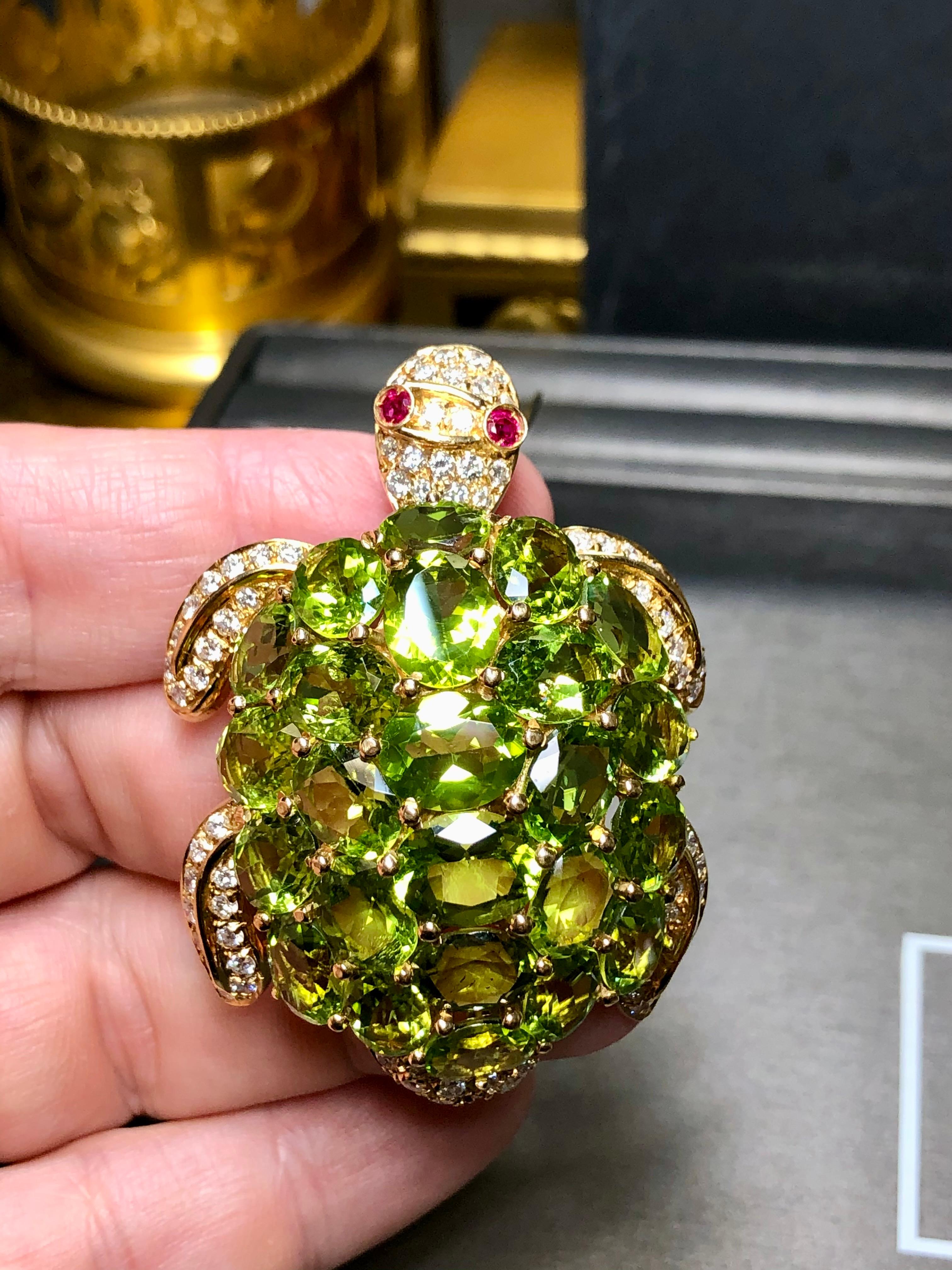 Estate 18K Peridot Diamond Ruby Large Turtle Brooch Pin 53.50cttw For ...