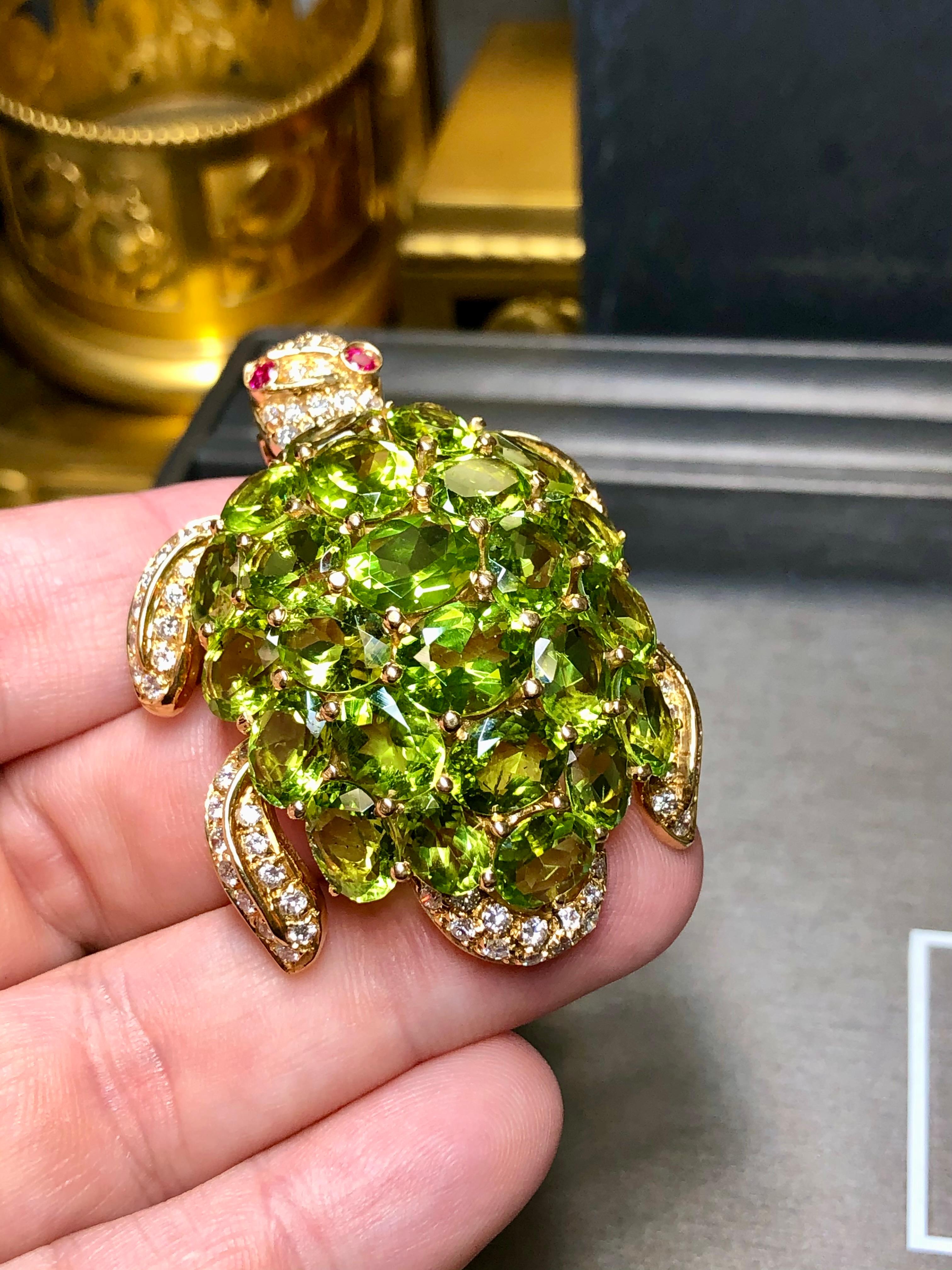 Estate 18K Peridot Diamond Ruby Large Turtle Brooch Pin 53.50cttw For ...