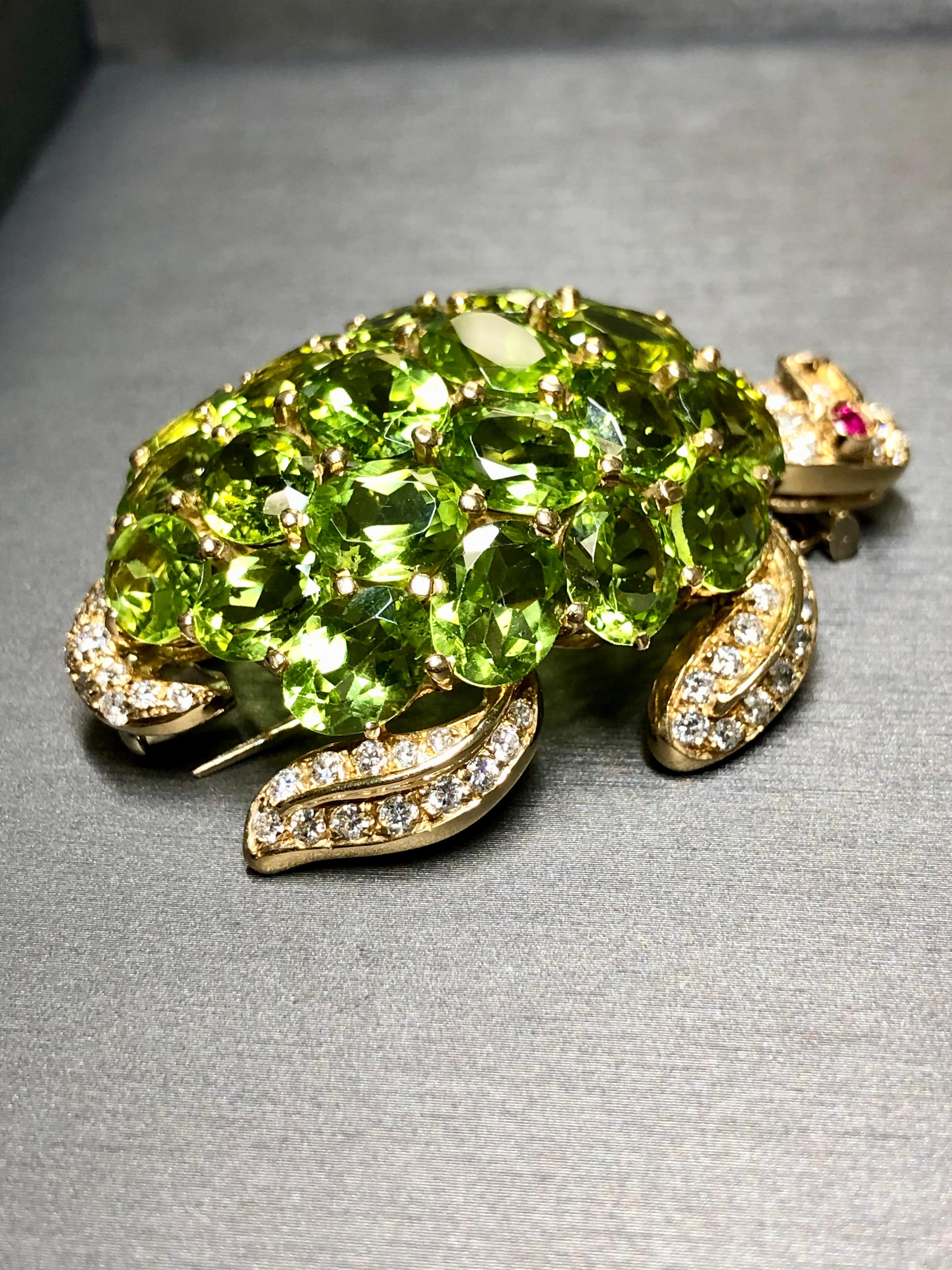 Estate 18K Peridot Diamond Ruby Large Turtle Brooch Pin 53.50cttw For ...