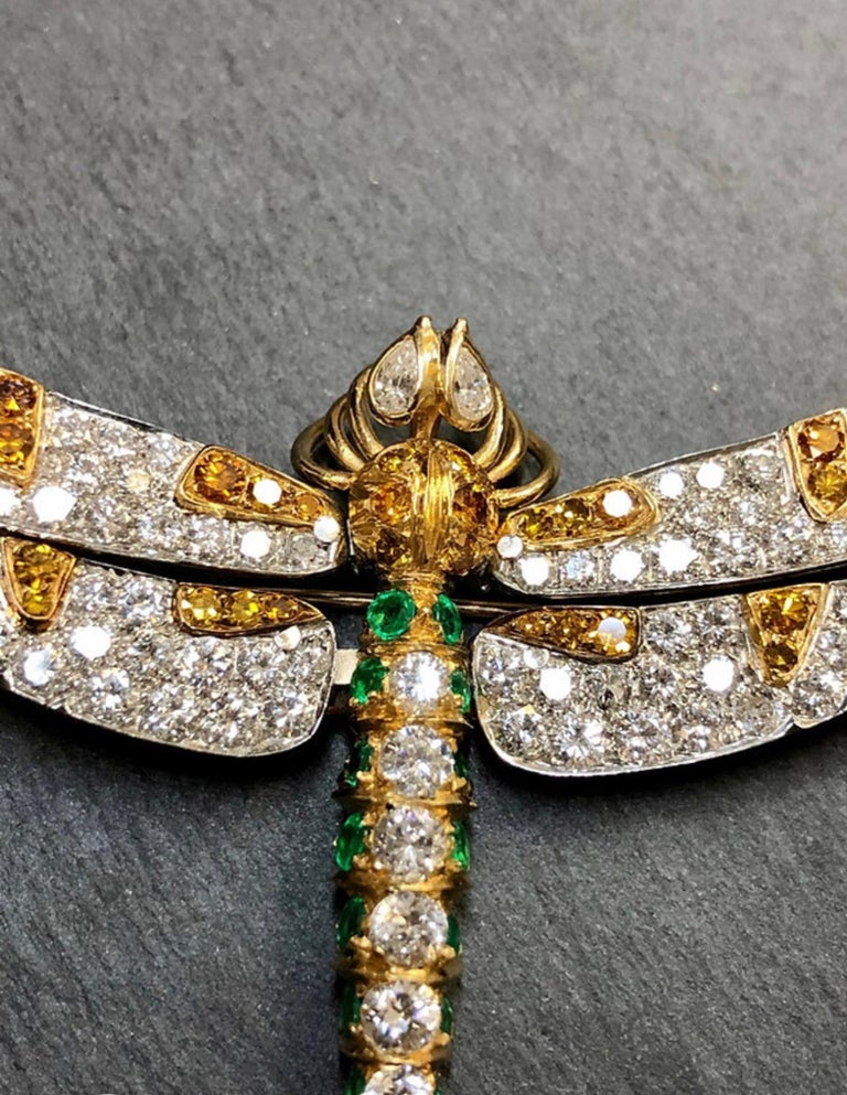 Estate 18K Platinum Articulating Orange White Diamond Emerald Dragonfly ...