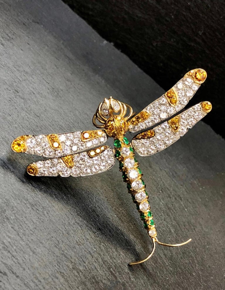 Estate 18K Platinum Articulating Orange White Diamond Emerald Dragonfly ...