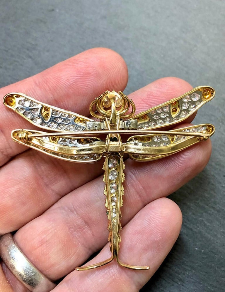 Estate 18K Platinum Articulating Orange White Diamond Emerald Dragonfly ...