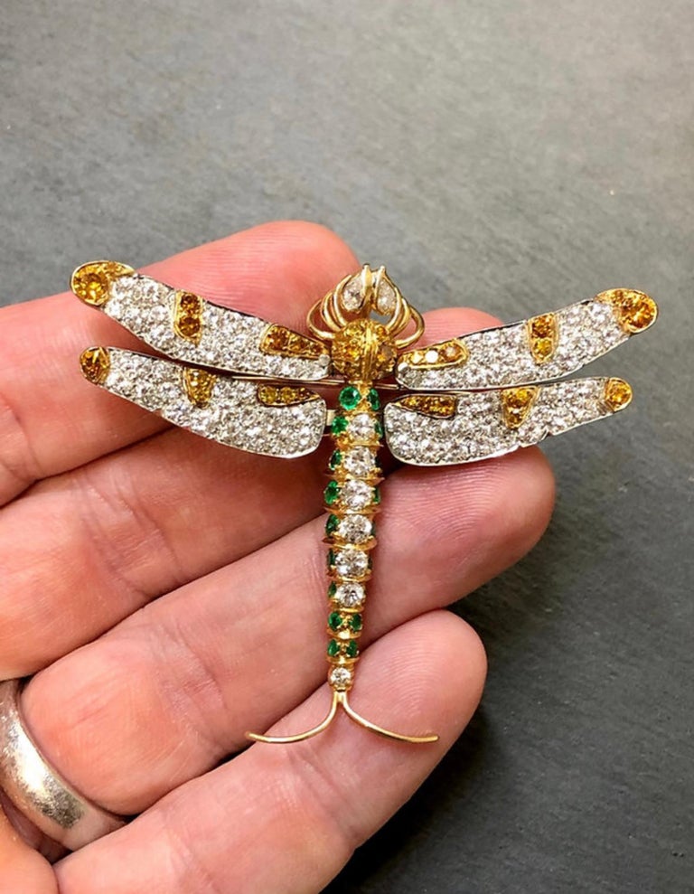 Estate 18K Platinum Articulating Orange White Diamond Emerald Dragonfly ...