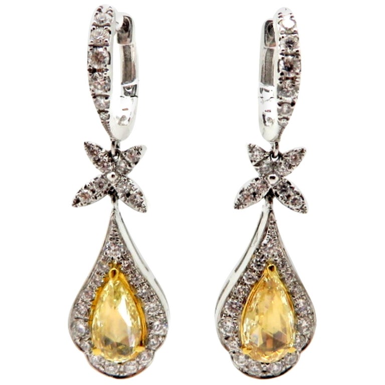 Estate 18K Two-Tone Gold Dangle Hoop Rose Cut Yellow Diamond Fashion ...