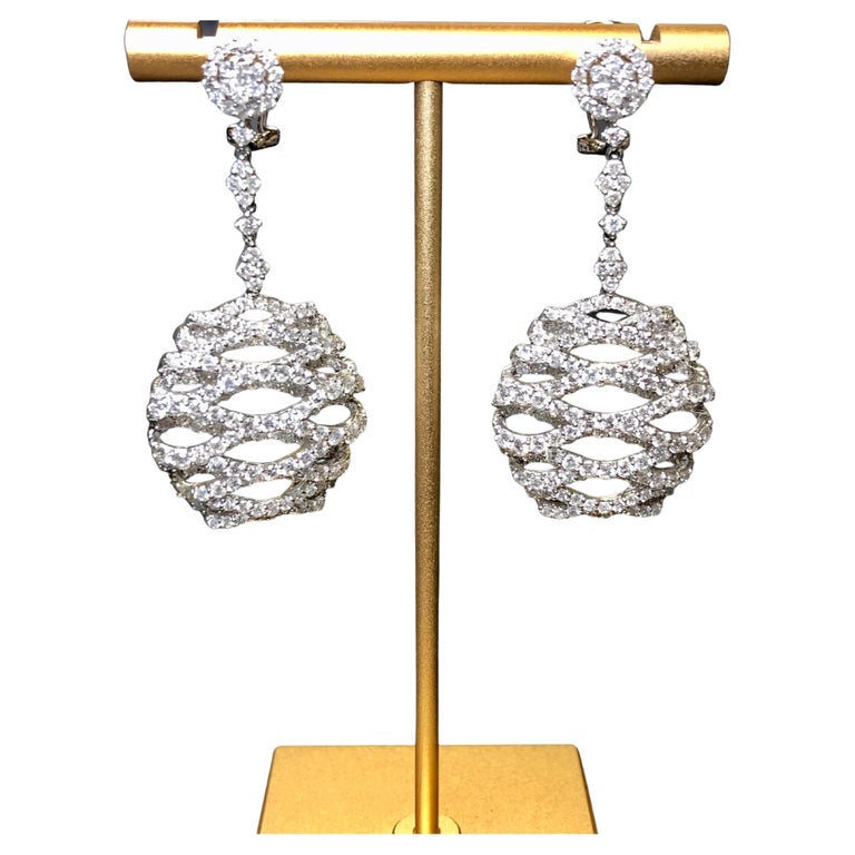 Estate 18k White Gold Diamond Honeycomb Dangle Drop Lever Back Earrings ...