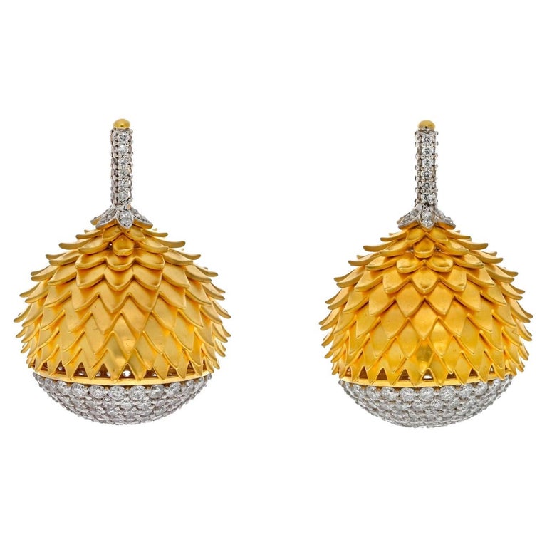 Estate 18K Yellow Gold 8.00cts Diamond Acorn Drop Earrings For Sale at ...