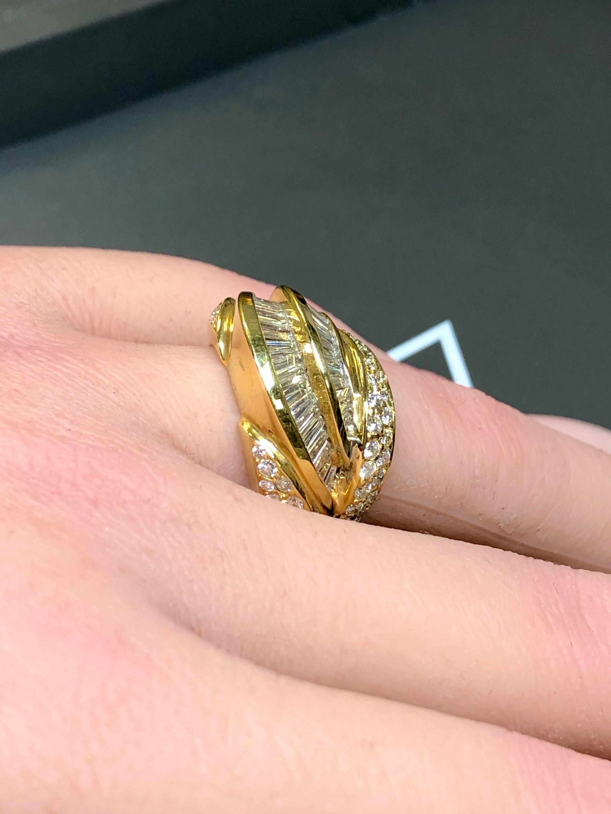 Estate 18K Yellow Gold Baguette Diamond Scalloped Fan Cocktail Ring ...