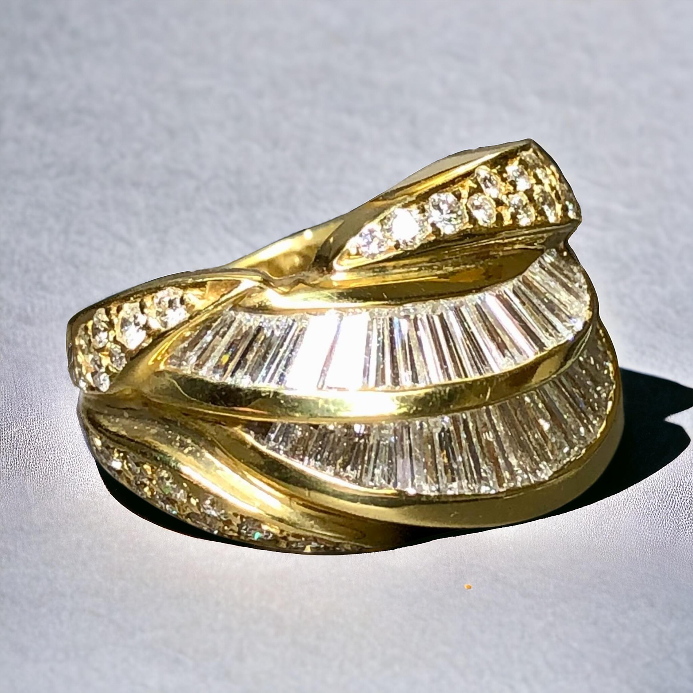 Estate 18K Yellow Gold Baguette Diamond Scalloped Fan Cocktail Ring ...