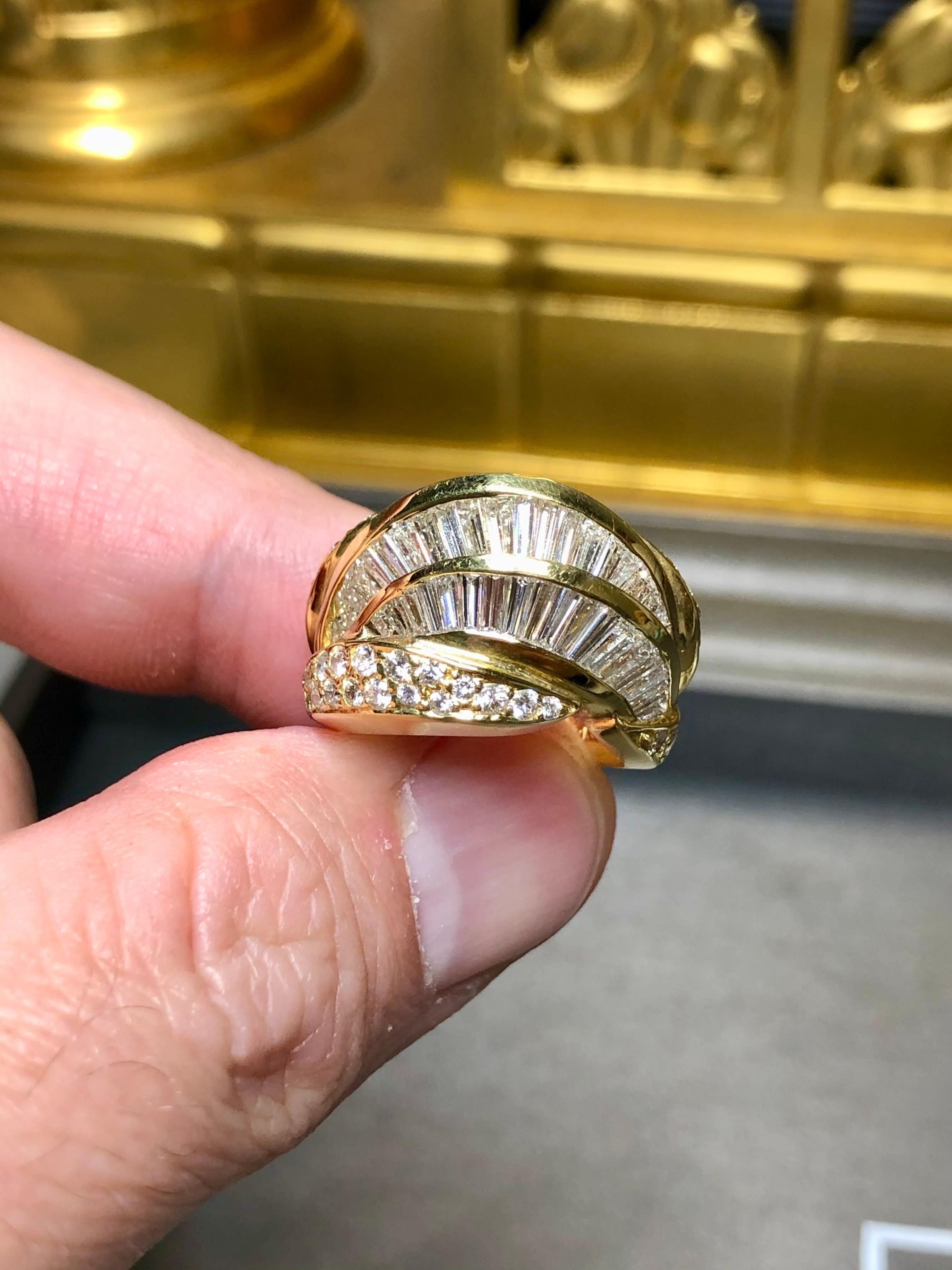 Estate 18K Yellow Gold Baguette Diamond Scalloped Fan Cocktail Ring ...