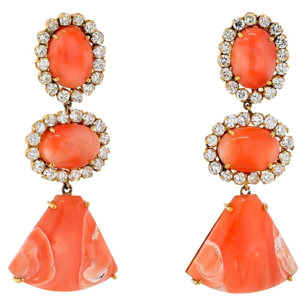 Estate 18K Yellow Gold Coral And Diamod Dangling Drop Earrings For Sale ...