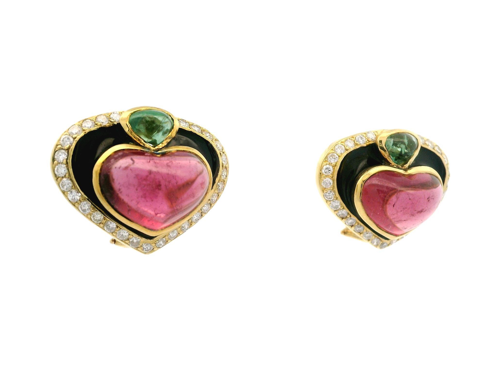 Estate 18k Yellow Gold Diamond Tourmaline and Black Enamel Work Heart ...
