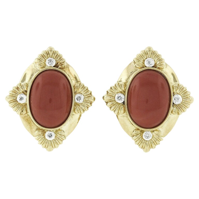 Estate 18k Yellow Gold GIA Oval Cabochon Coral and Diamond Omega Clip ...