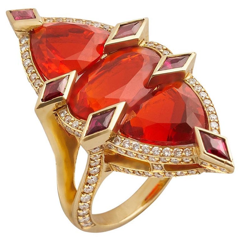 Estate 18k Yellow Gold Mexican Fire Opal and Ruby Cocktail Ring For ...