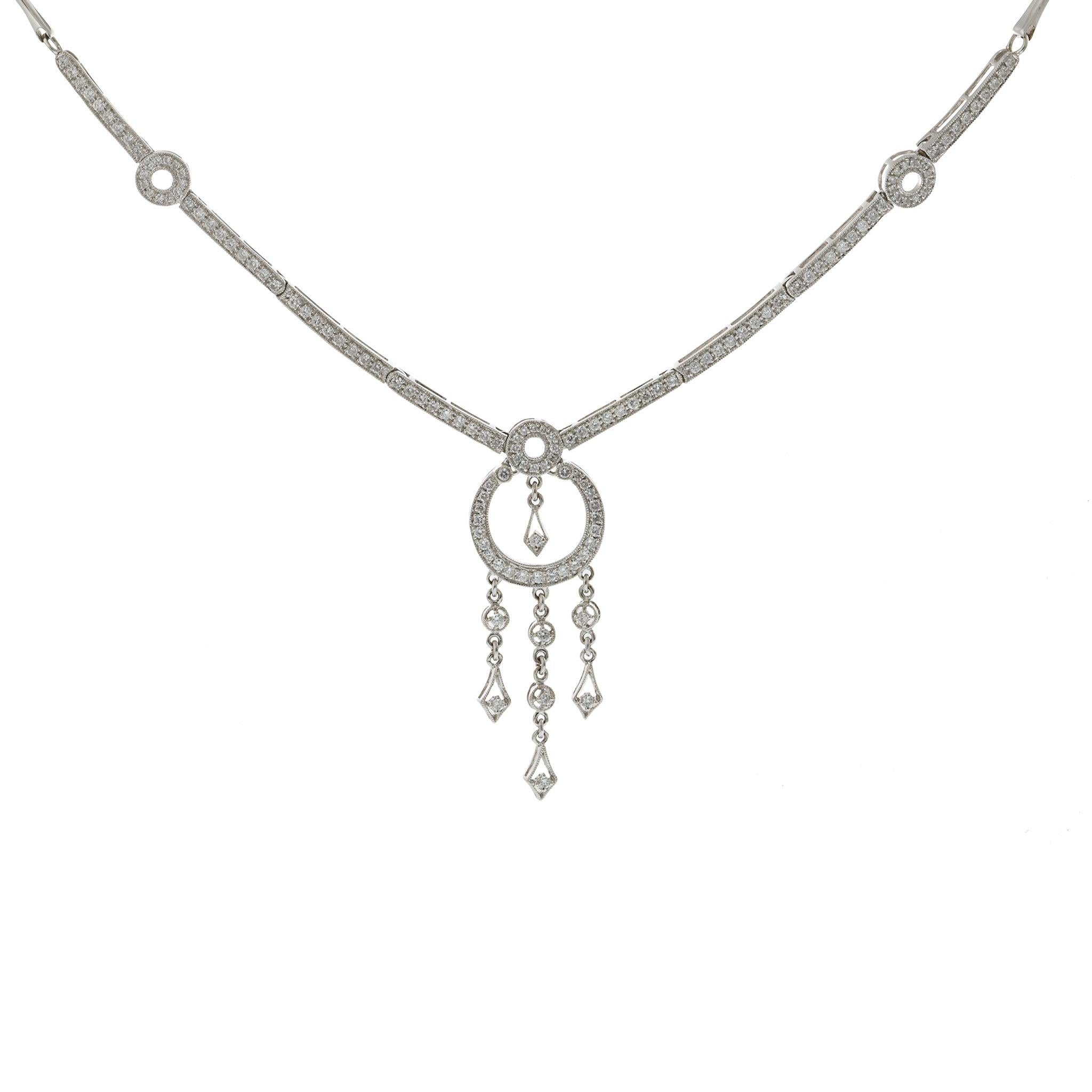 Estate 18KT White Gold Diamond Drop Necklace For Sale at 1stDibs