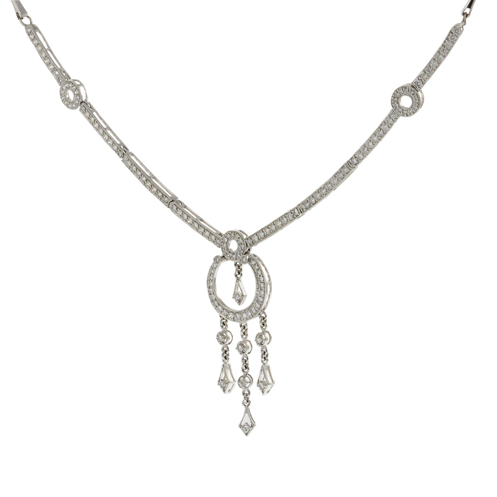 Estate 18KT White Gold Diamond Drop Necklace For Sale at 1stDibs