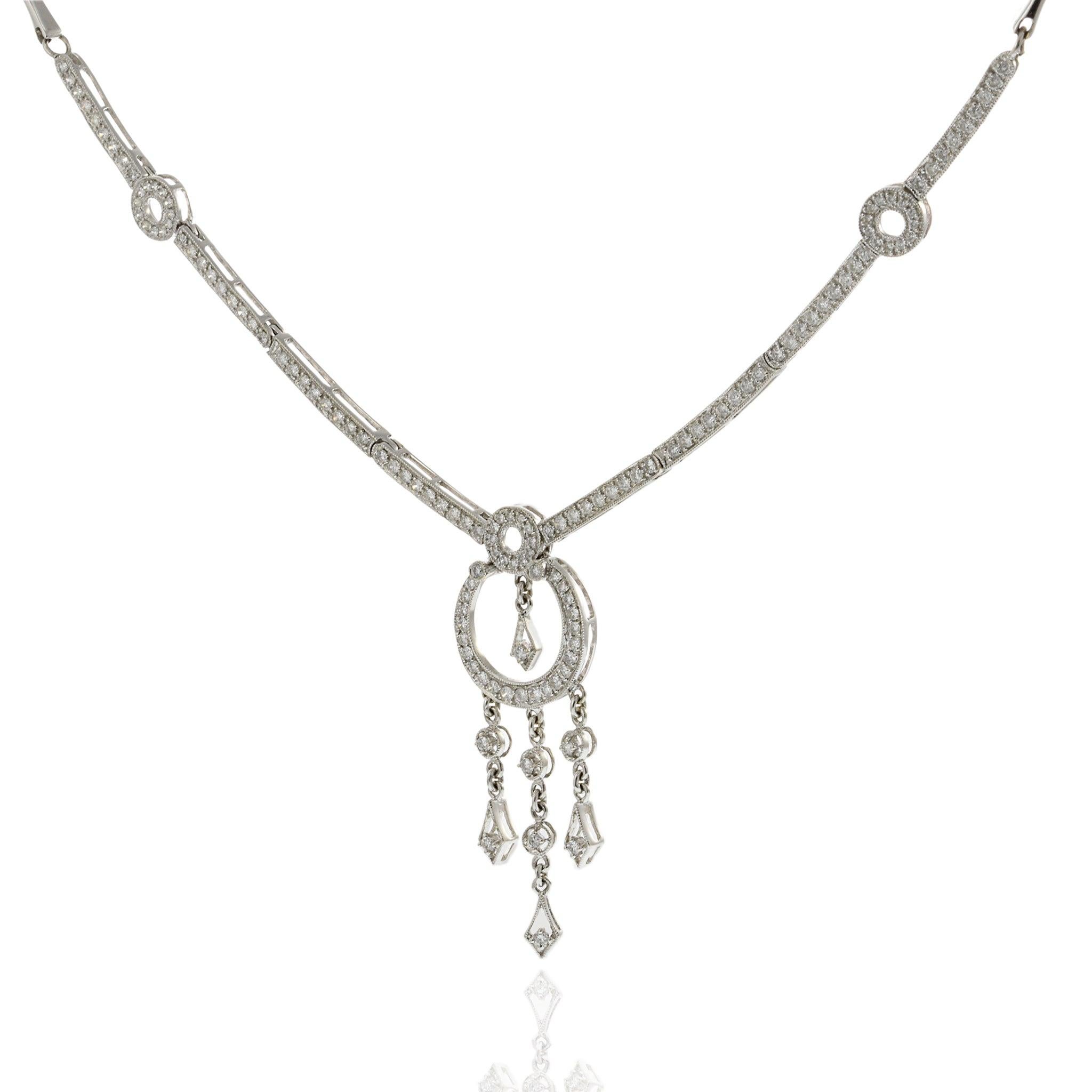 Estate 18KT White Gold Diamond Drop Necklace For Sale at 1stDibs