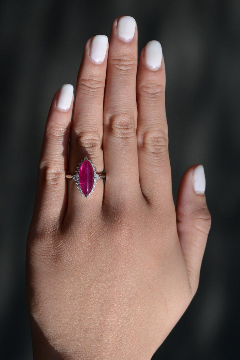 Estate 6 Carat Cabochon Marquise Ruby Diamond Ring For Sale at 1stDibs