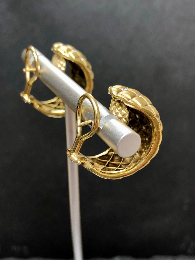 Estate Aletto and Co 18k Quilted Texture Diamond Huggie Earrings Omega ...