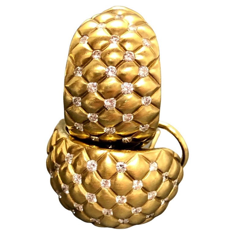 Estate Aletto and Co 18k Quilted Texture Diamond Huggie Earrings Omega ...