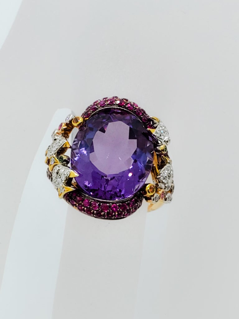 Estate Amethyst Oval, Red Ruby Round, and White Diamond Ring in 18k 3 ...