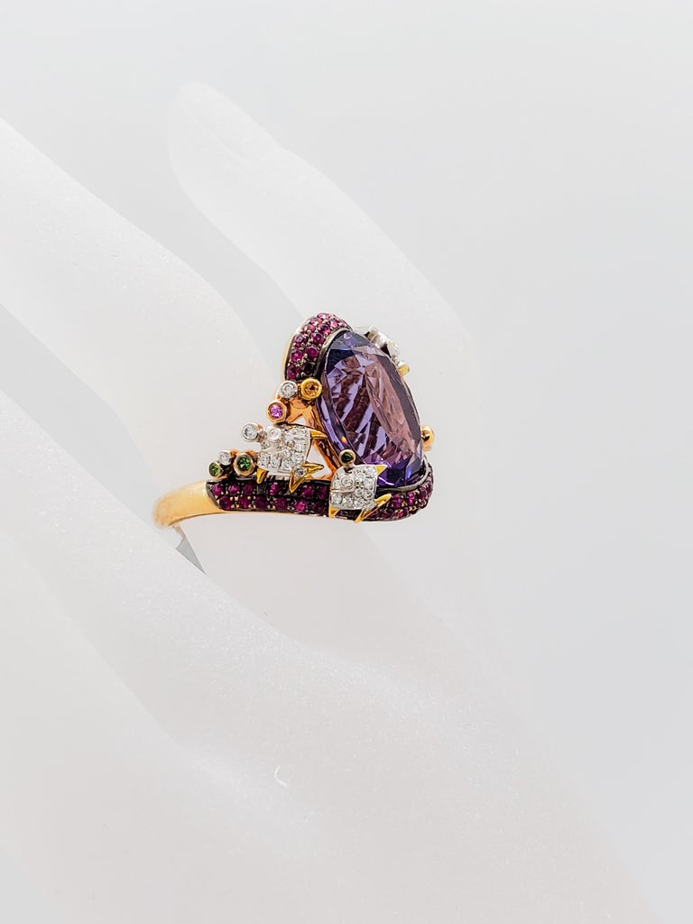Estate Amethyst Oval, Red Ruby Round, and White Diamond Ring in 18k 3 ...