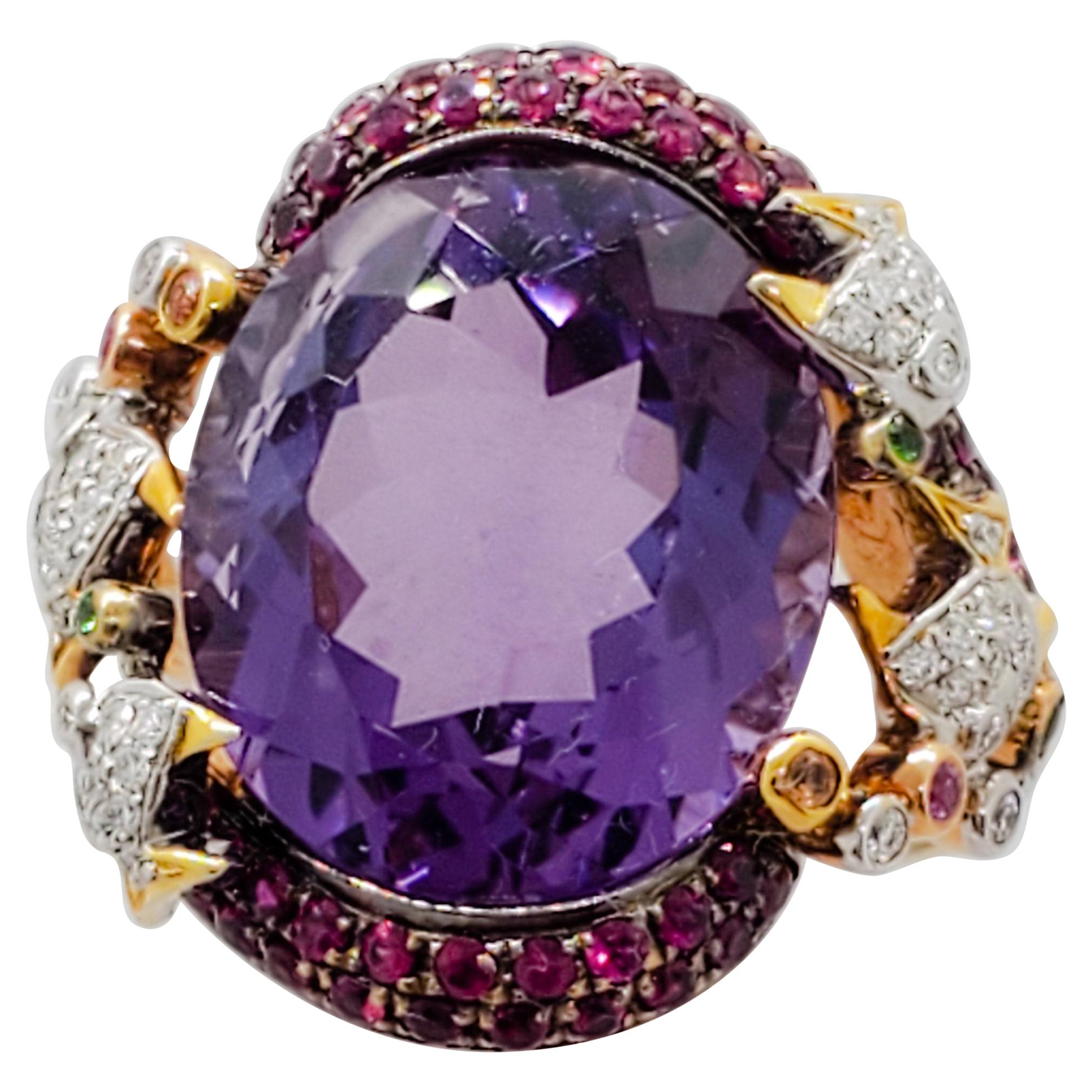Estate Amethyst Oval, Red Ruby Round, and White Diamond Ring in 18k 3 ...