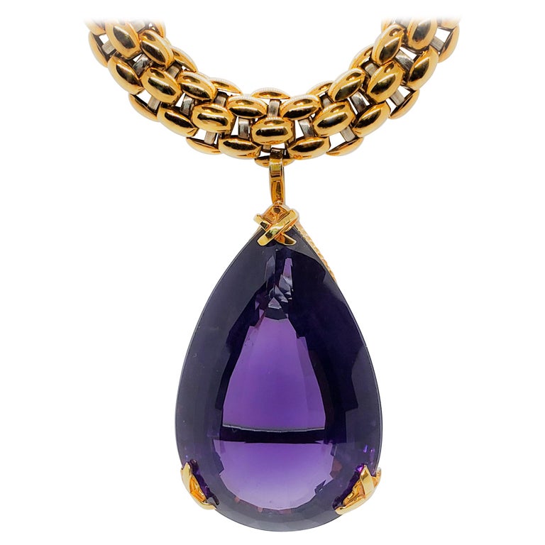 Estate Amethyst Pear Shape Drop Necklace in 18 Karat Yellow Gold at 1stDibs