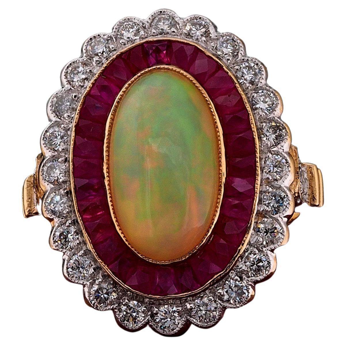 Estate Australian Opal Diamond Ruby Classy Cluster Ring For Sale at 1stDibs