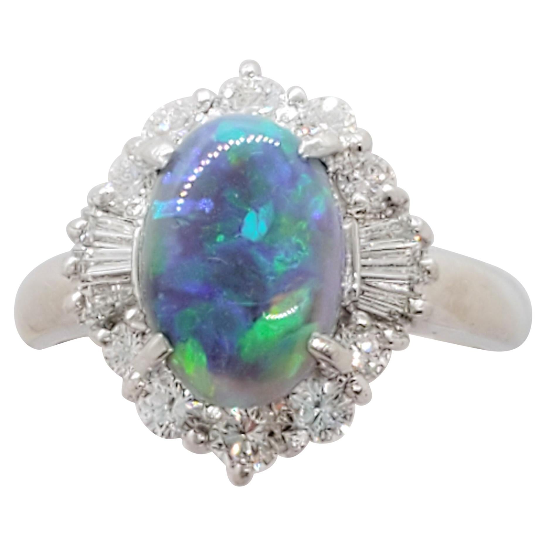 Estate Black Opal Oval and White Diamond Ring in Platinum at 1stDibs