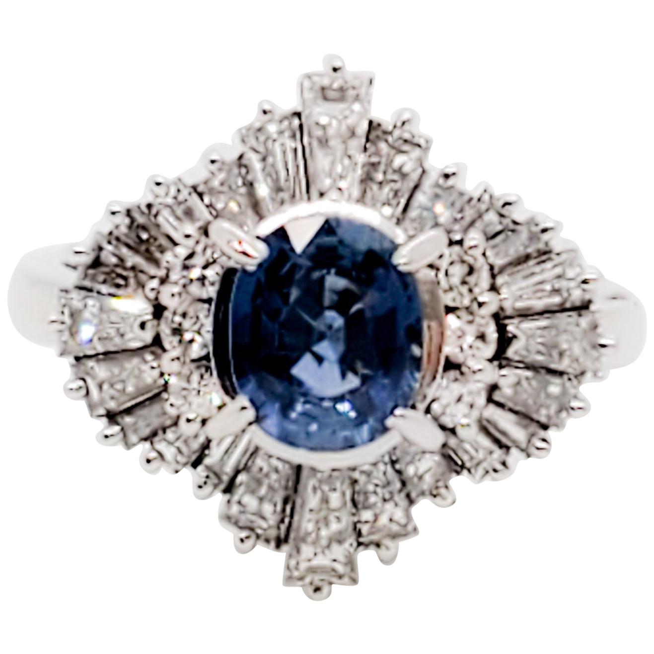 Estate Blue Sapphire Oval and Diamond Cocktail Ring in Platinum For ...