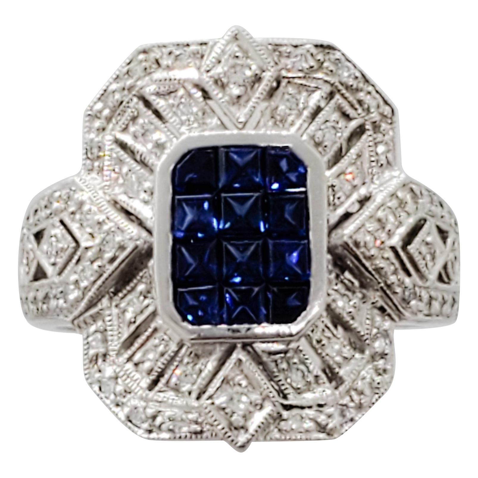 Estate Blue Sapphire Square and White Diamond Ring in Platinum For Sale ...