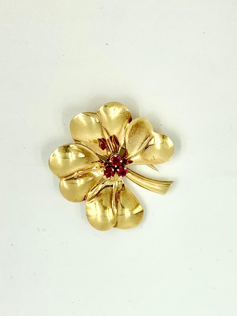 Estate Cartier Ruby 14K Yellow Gold Four Leaf Clover Clip Pendant ...