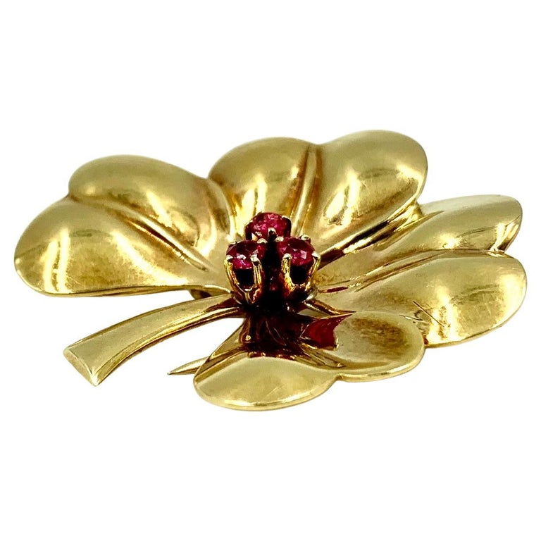 Estate Cartier Ruby 14K Yellow Gold Four Leaf Clover Clip Pendant ...