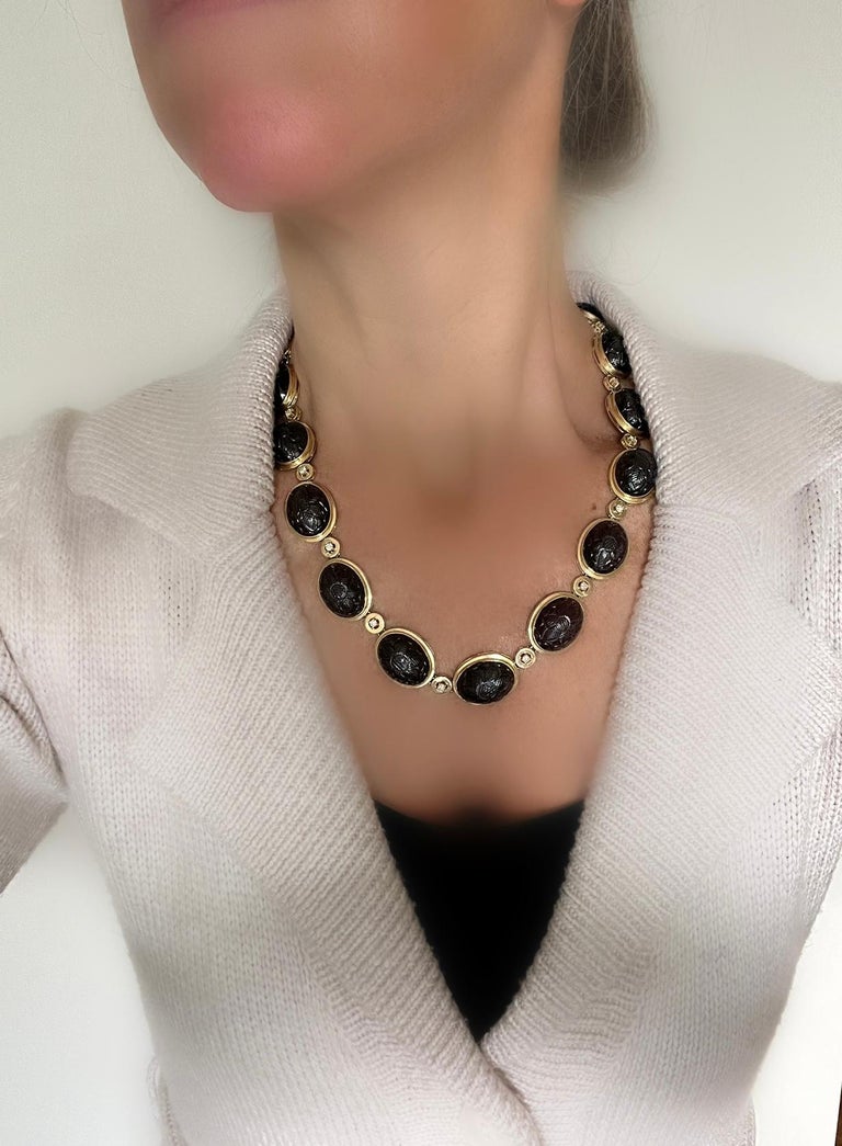 Rare Carved Garnet and 14K Yellow Gold Necklace For Sale at 1stDibs
