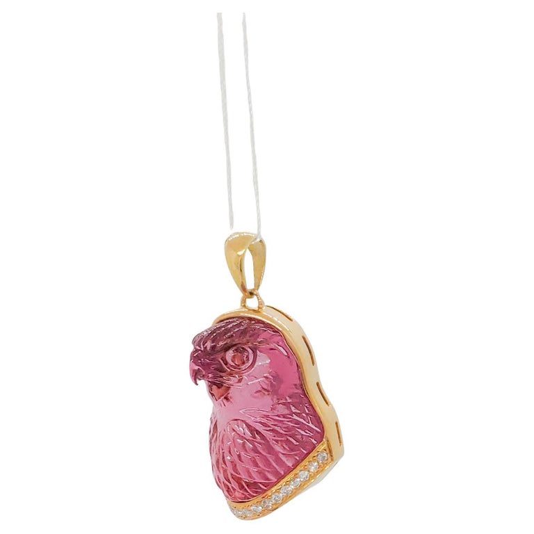 Estate Carved Pink Tourmaline Hawk Pendant in 18k Yellow Gold at 1stDibs