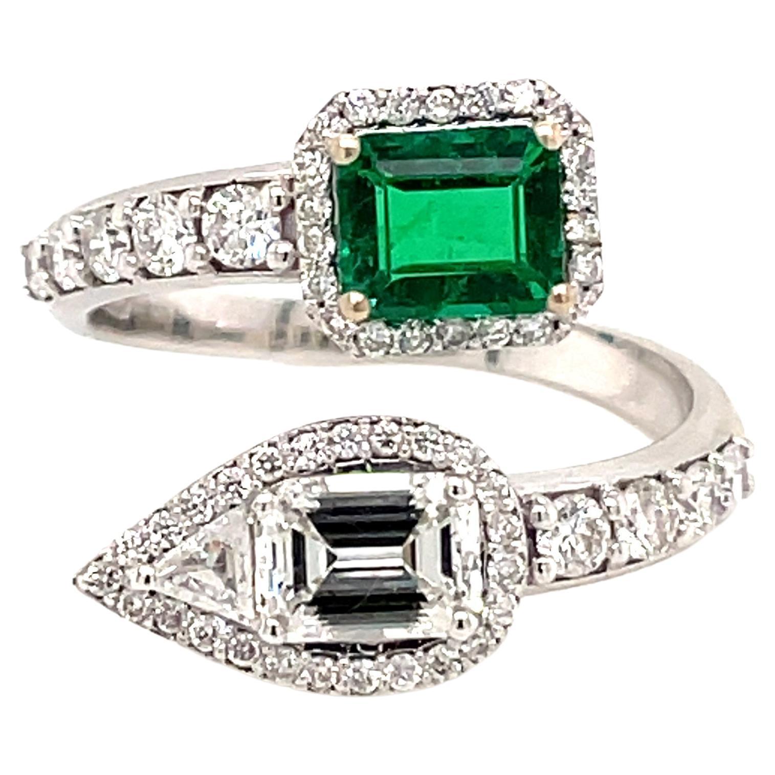 Contemporary Bypass Emerald Diamond Gold Ring For Sale at 1stDibs