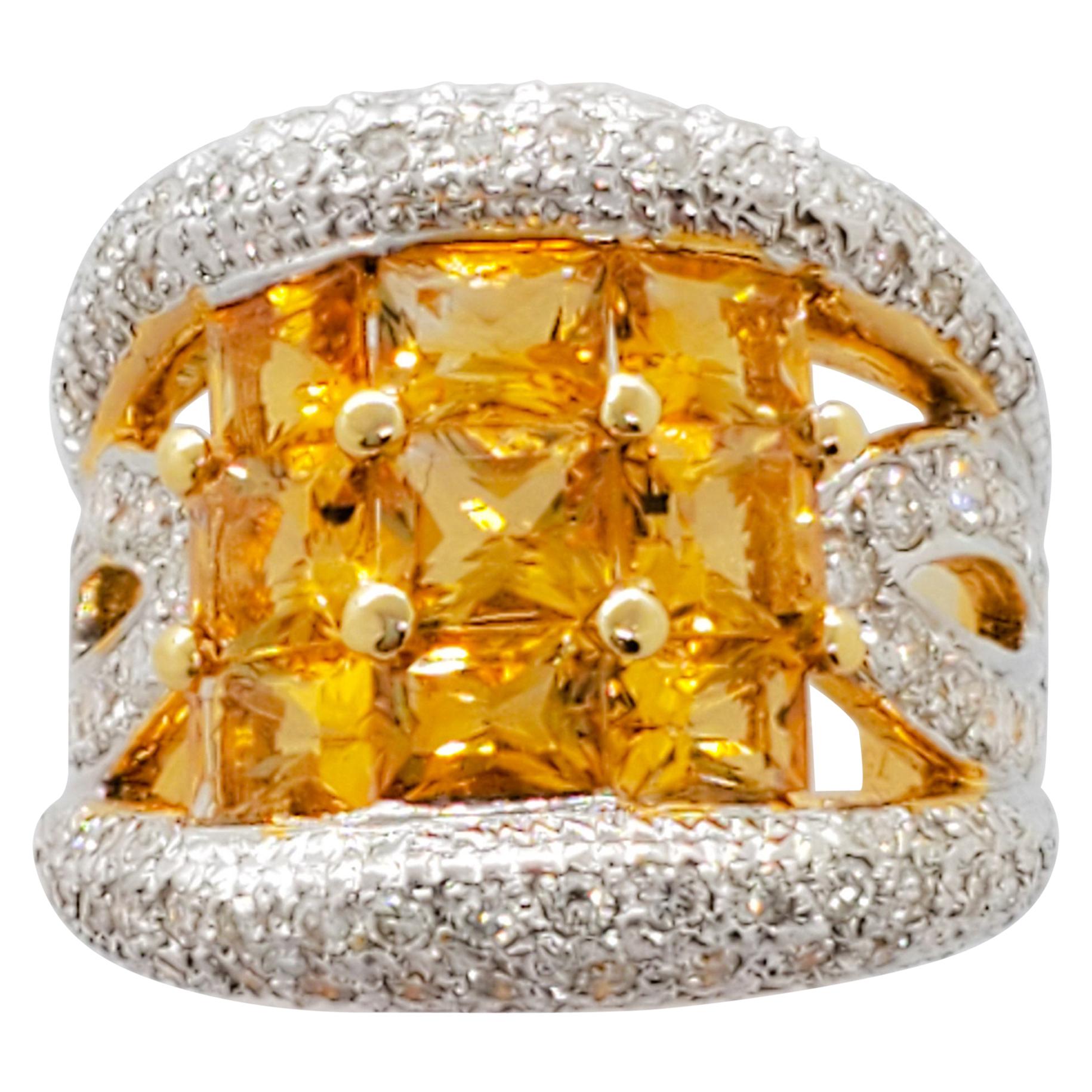Estate Citrine Square and White Diamond Ring in 18 Karat Yellow Gold ...