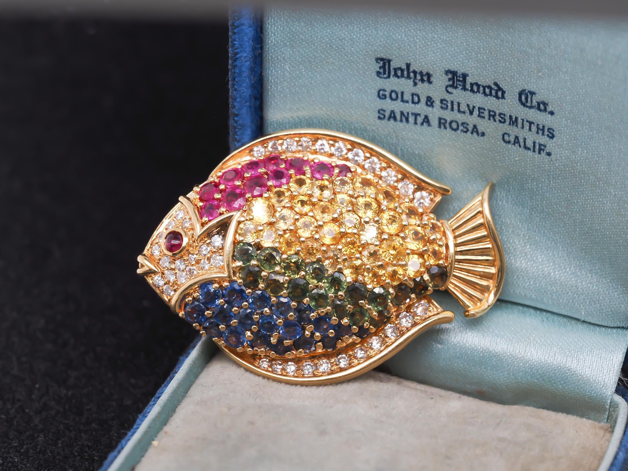 Estate Craig Drake 18K Gold Sapphire, Ruby and Diamond Fish Brooch ...