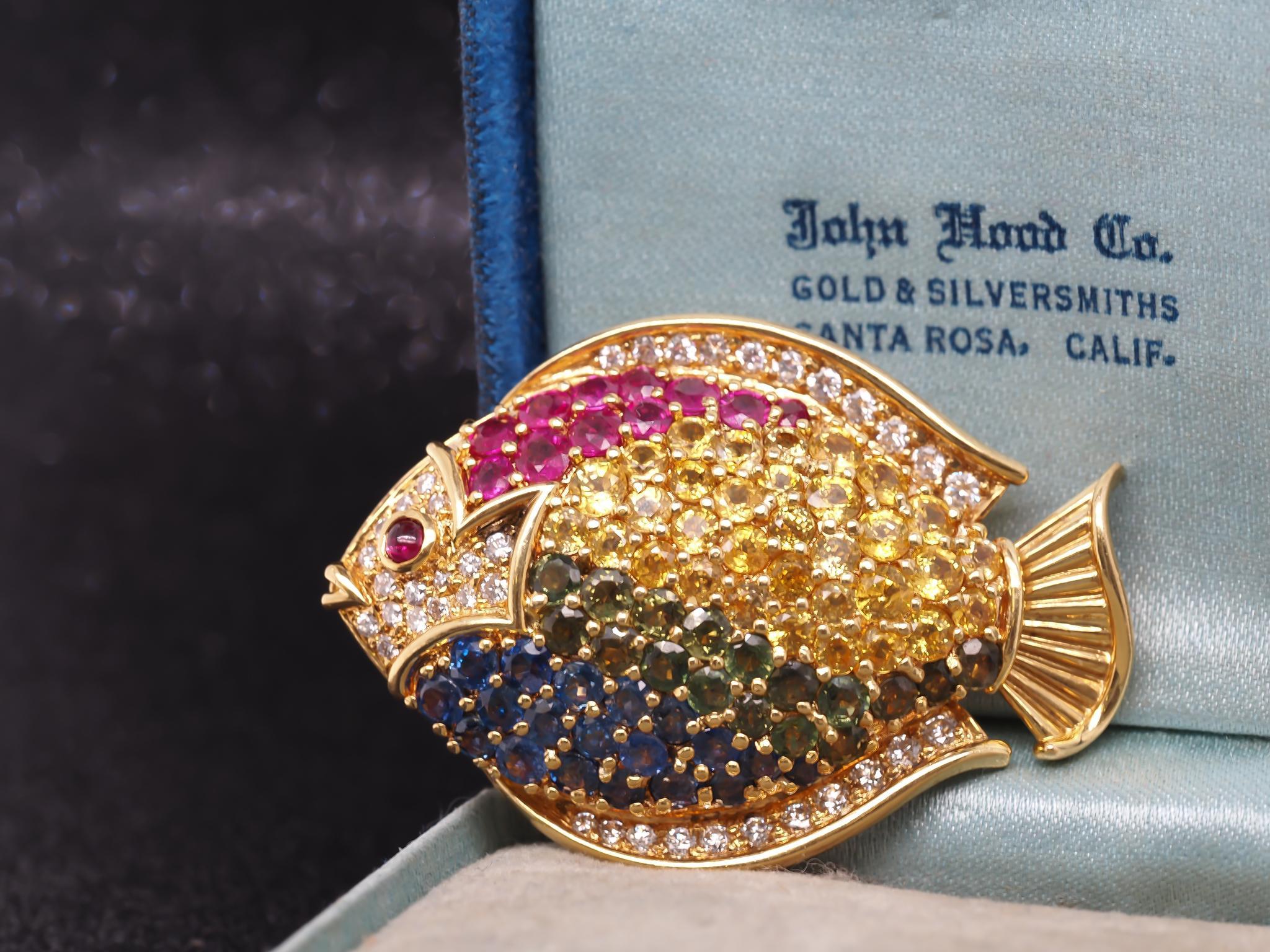 Estate Craig Drake 18K Gold Sapphire, Ruby and Diamond Fish Brooch ...