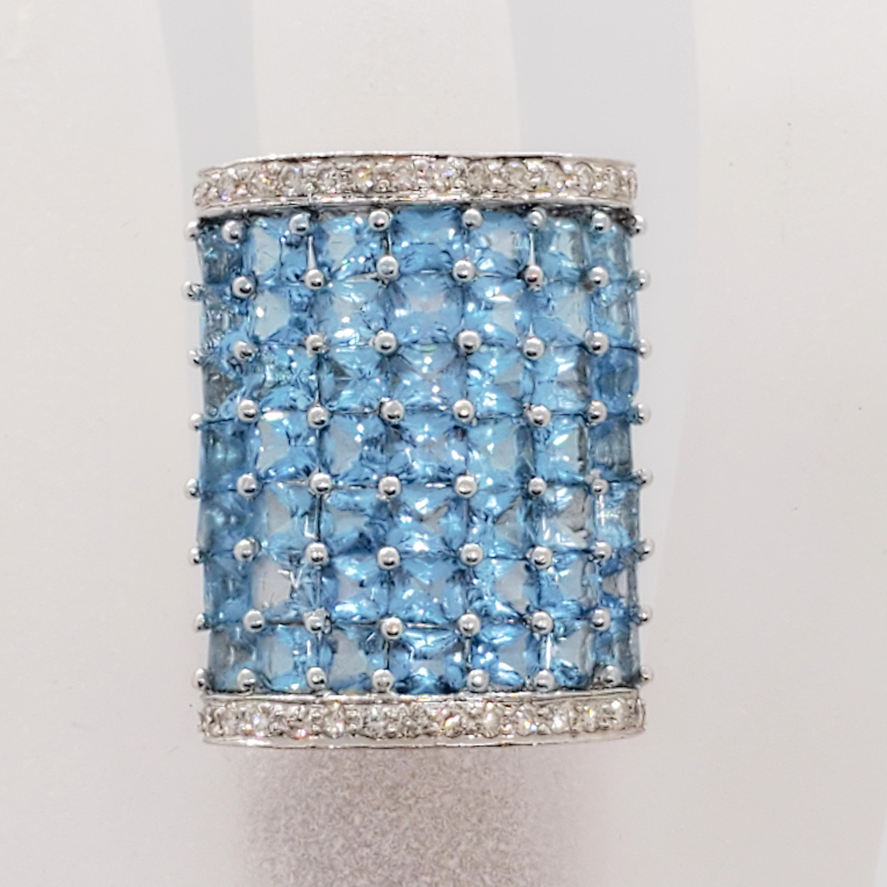 Estate Damas Blue Topaz Princess Cut and White Diamond Round Cocktail ...