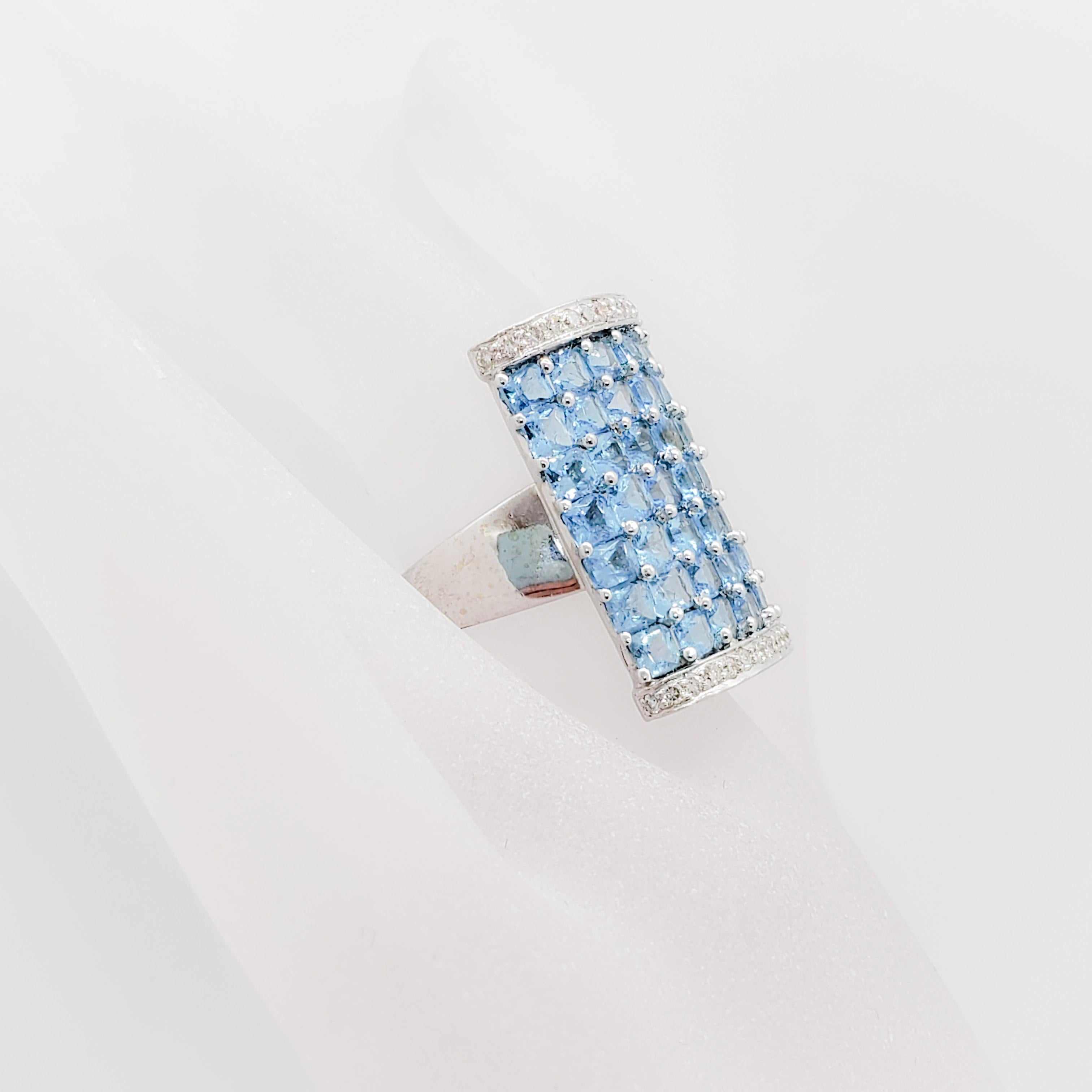 Estate Damas Blue Topaz Princess Cut and White Diamond Round Cocktail ...