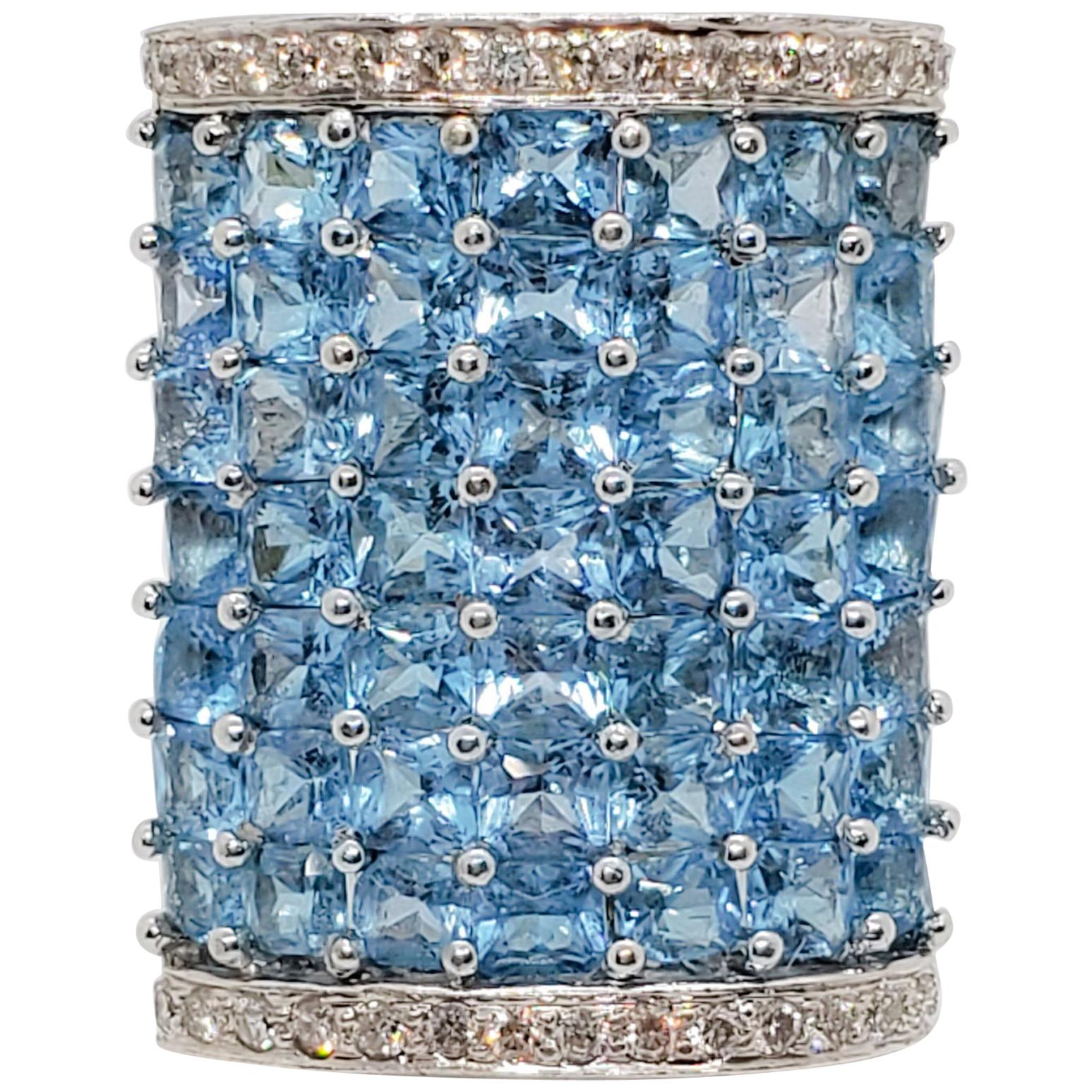 Estate Damas Blue Topaz Princess Cut and White Diamond Round Cocktail ...