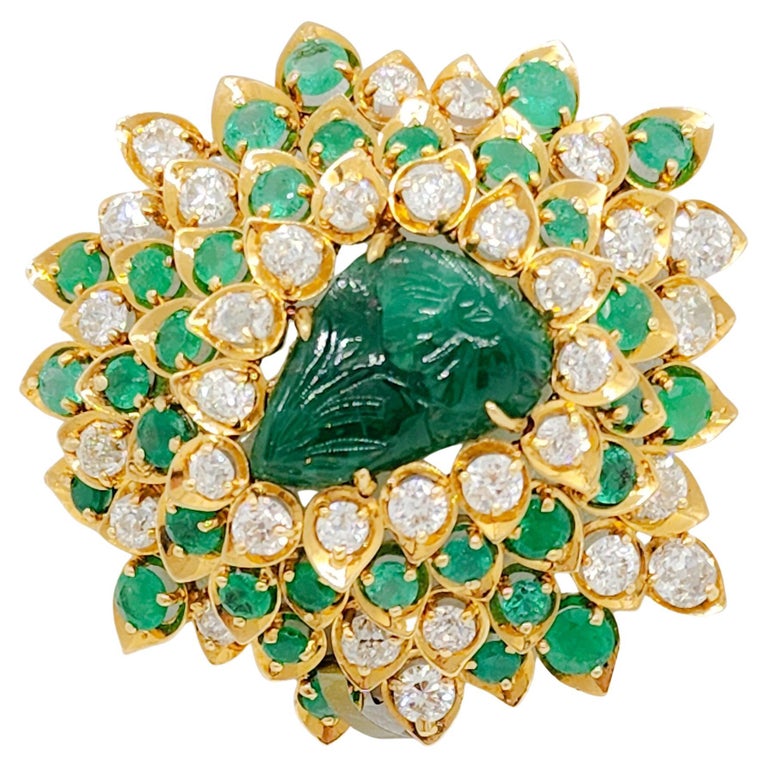 Estate David Webb Emerald and Diamond Brooch in 18k Yellow Gold For ...